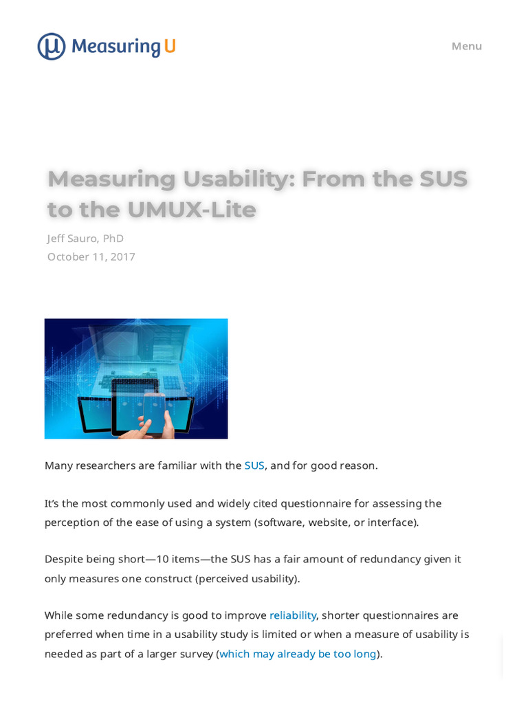 Measuring Usability_ From the SUS to the UMUX-Lite – MeasuringU | PDF | Usability | Computing
