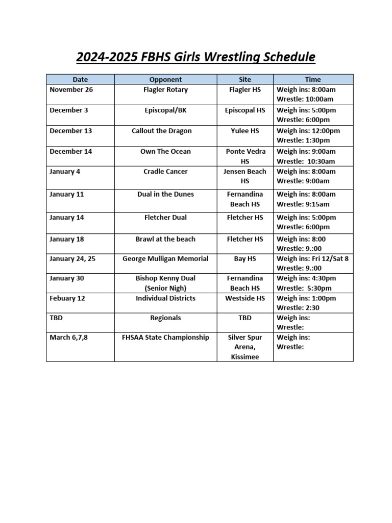 Wrestling Schedule Girls 2024-2025 | PDF