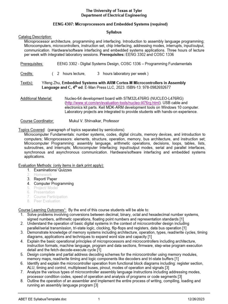 EENG4307 Spring 2025 Syllabus Course Outline | PDF | Microcontroller | Computer Program