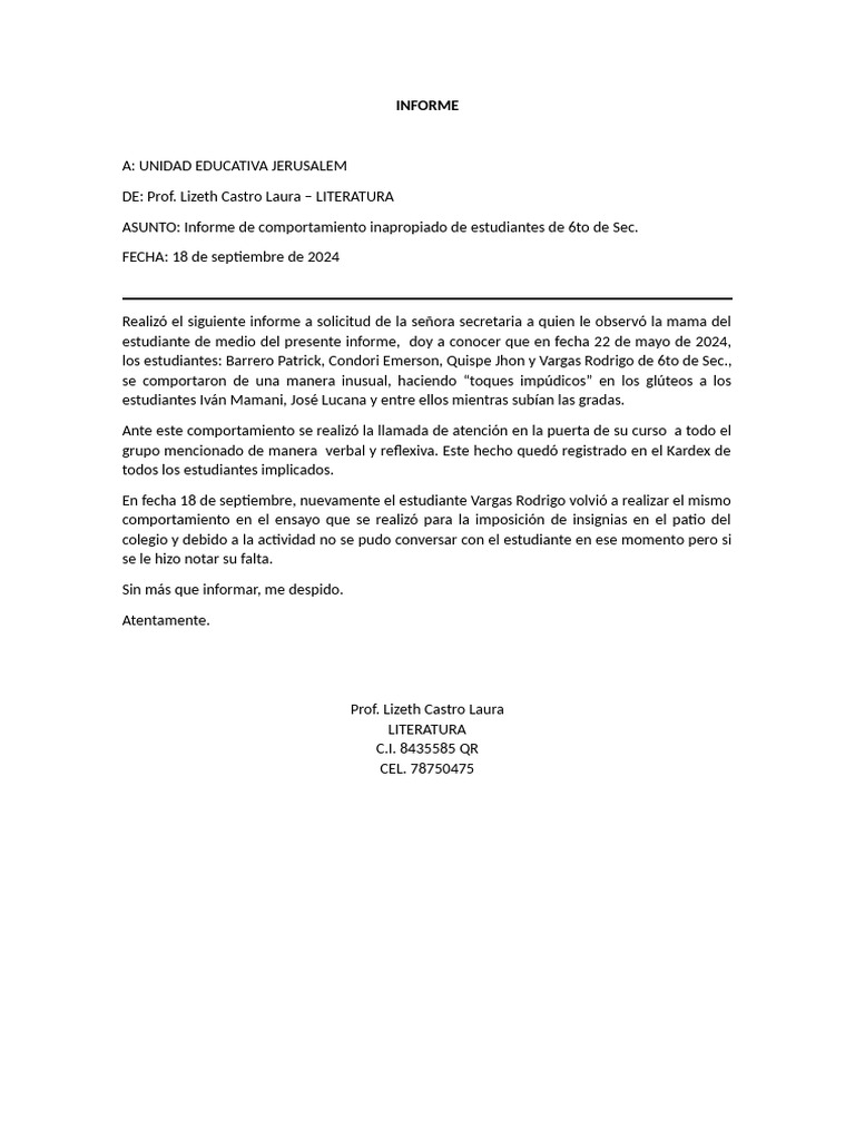 Informe sobre conducta inapropiada en 6to | PDF