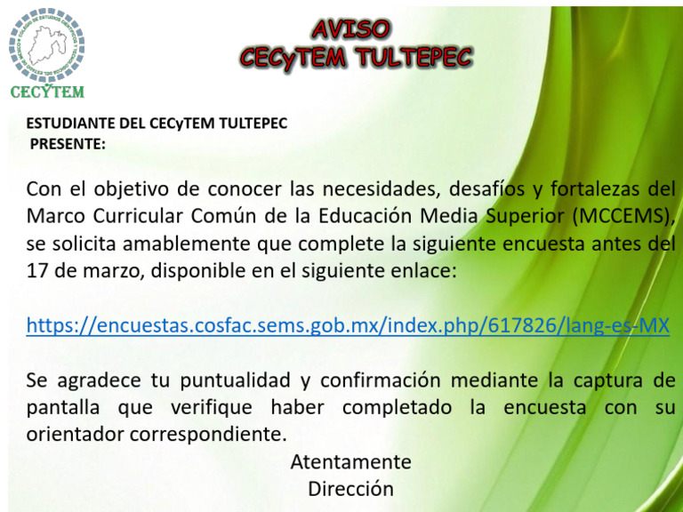 Encuesta sobre MCCEMS para CECyTEM Tultepec | PDF