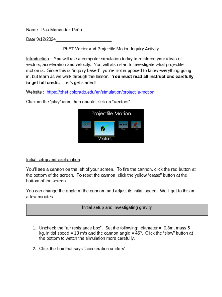 Phet_projectile_motion_activity (1) | PDF | Acceleration | Velocity