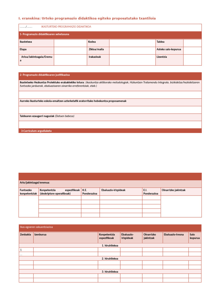 I. eranskina. Urteko programazio didaktikoa egiteko proposatutako txantiloia | PDF