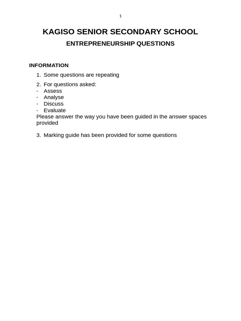 Entrepreneurship Exam Questions 2025 | PDF | Intellectual Property ...