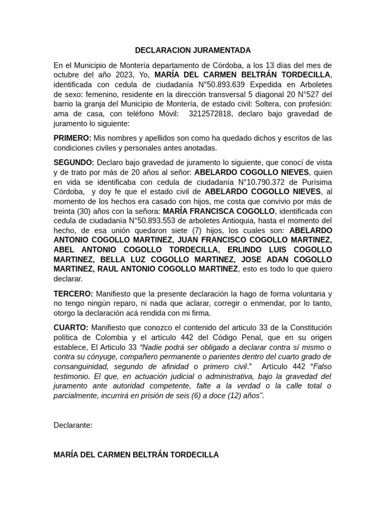 Declaracion Juramentada | PDF