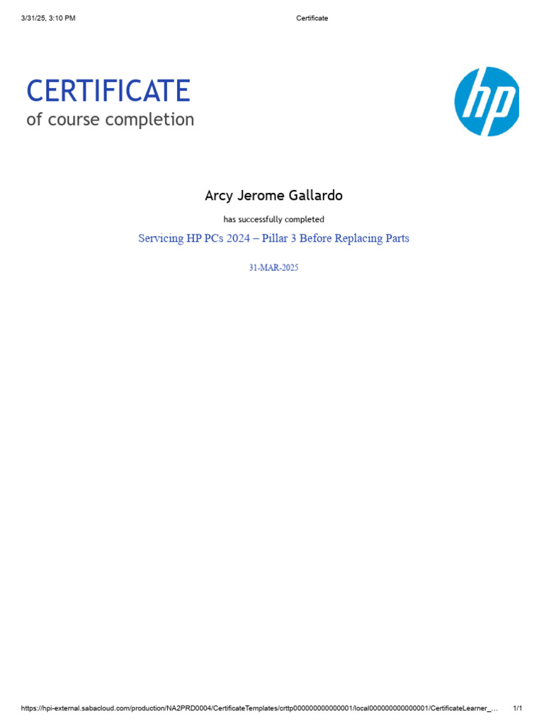 HP PCs 2024: Pillar 3 Completion Certificate | PDF