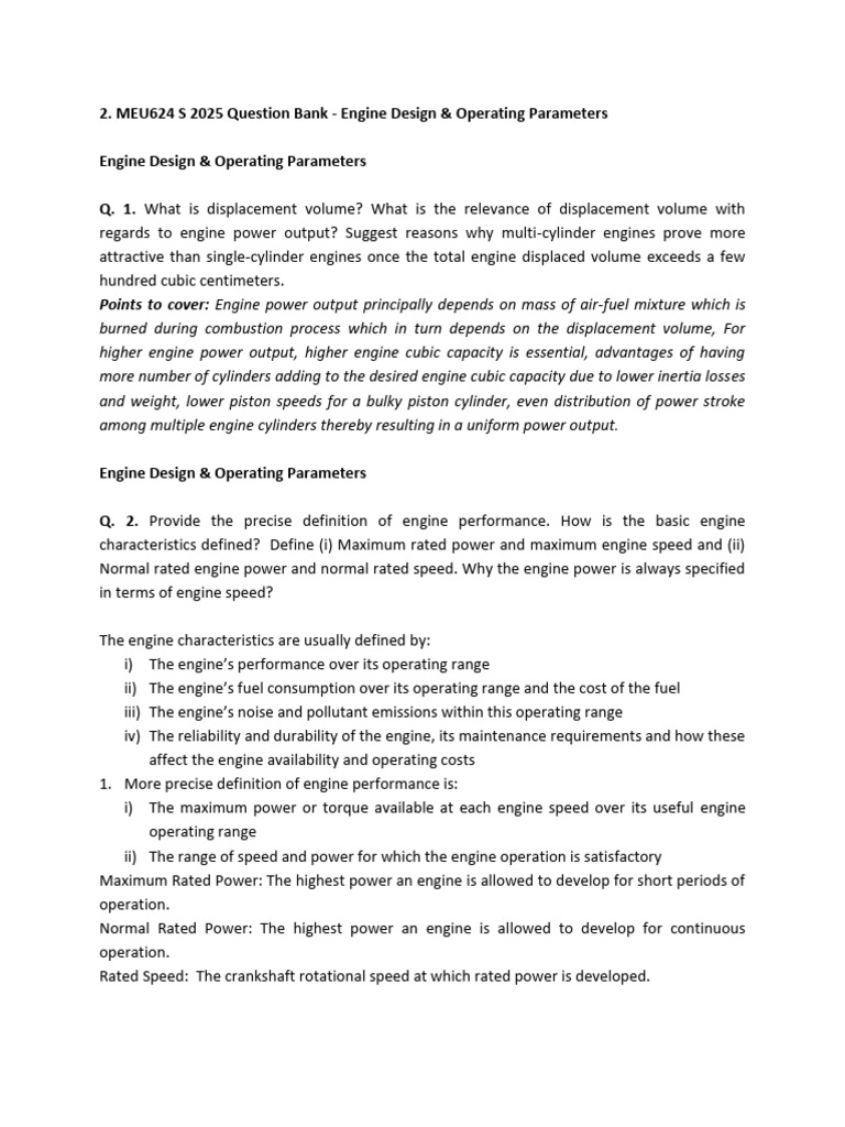 MEU624 S 2025 Question Bank - Engine Design & Operating Parameters | PDF | Engines | Fuel Efficiency