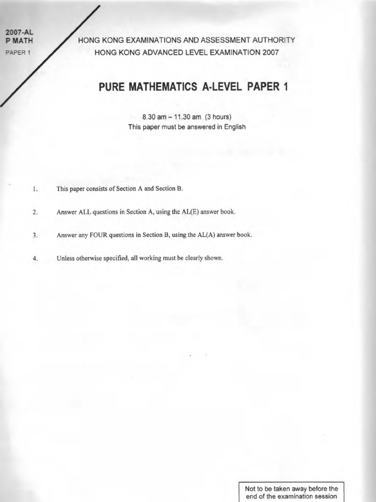 AL Pure Mathematics 2007 Paper1+2 Marking Scheme | PDF