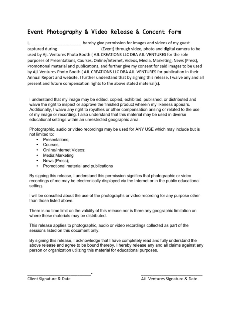 Event Photography & Video Release & Concent Form | PDF