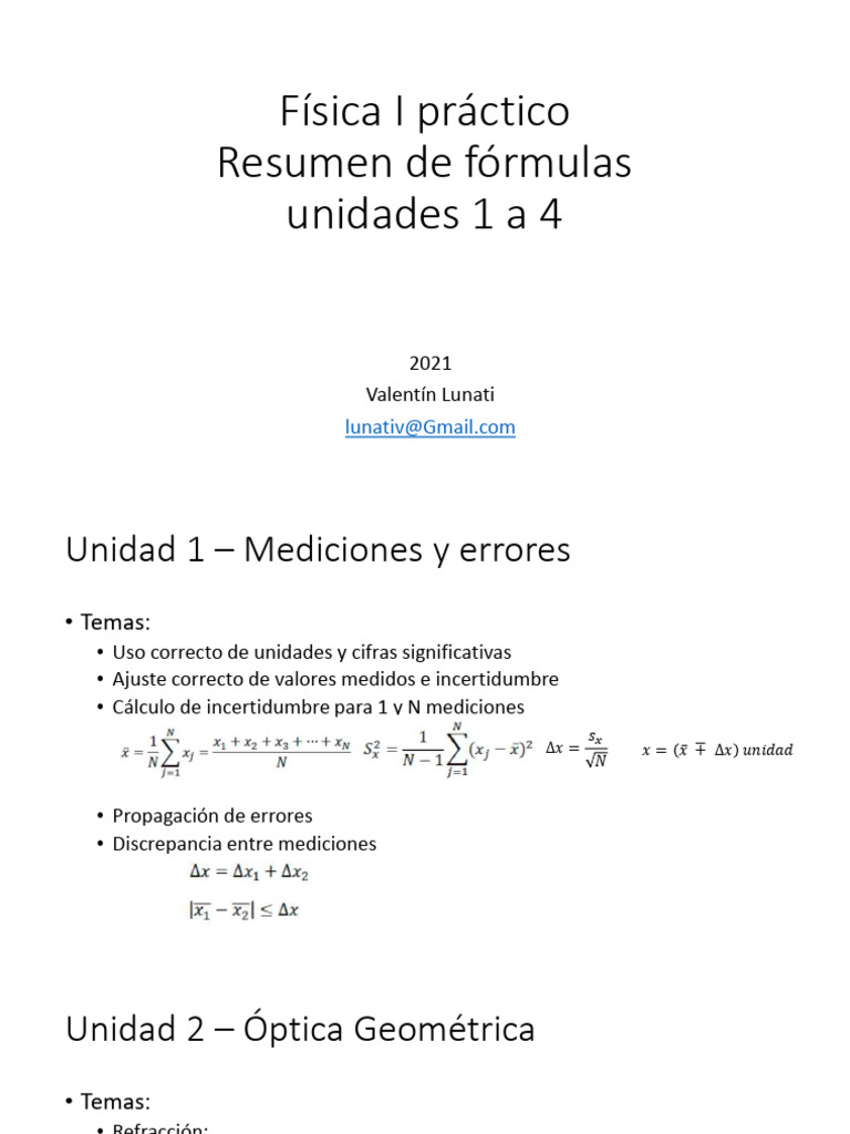 Resumen de Física I: Fórmulas y Unidades | PDF | Óptica | Ligero