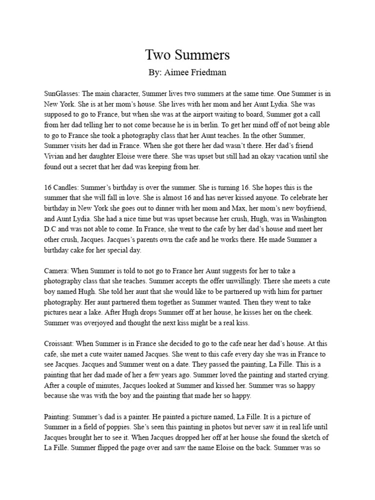 Important Objects in The Novel Two Summers by Aimee Friedman | PDF