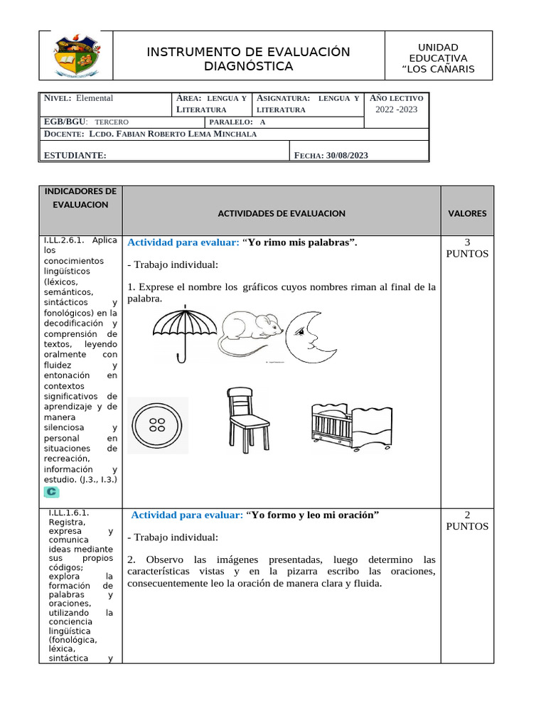 Diagnóstica - Formato 2023 | PDF | Evaluación | Oración (Lingüística)