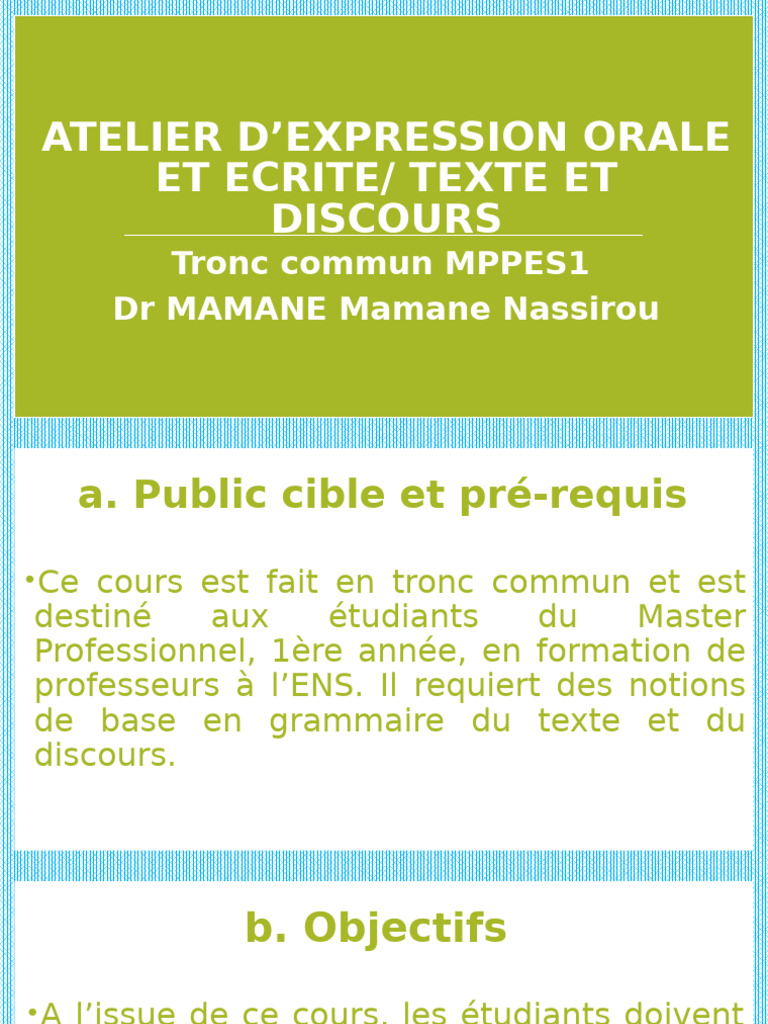 Atelier d'Expression Orale et Écrite | PDF | la communication