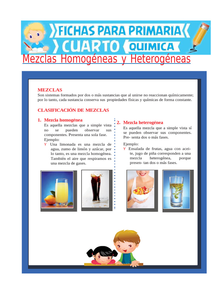 Mezclas Homogéneas y Heterogéneas para Cuarto de Primaria | PDF | Mezcla | Sustancias químicas