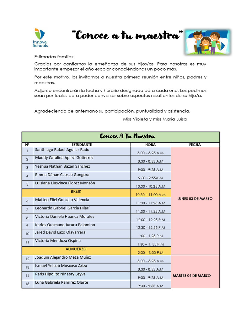 Cronograma Conociendo A Mi Maestra PRE KINDER B - 11 - 173730188 | PDF