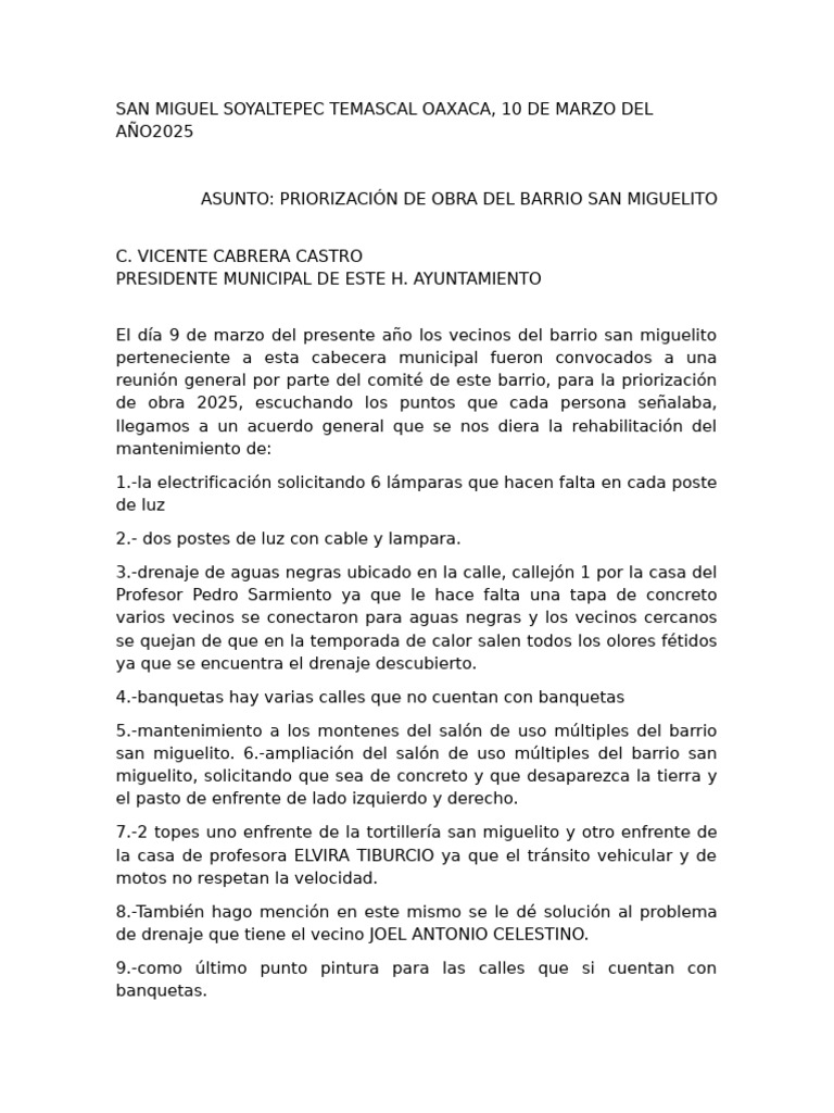 Solicitud Priorizacion de Obra 2025 Barrio San Miguelito | PDF