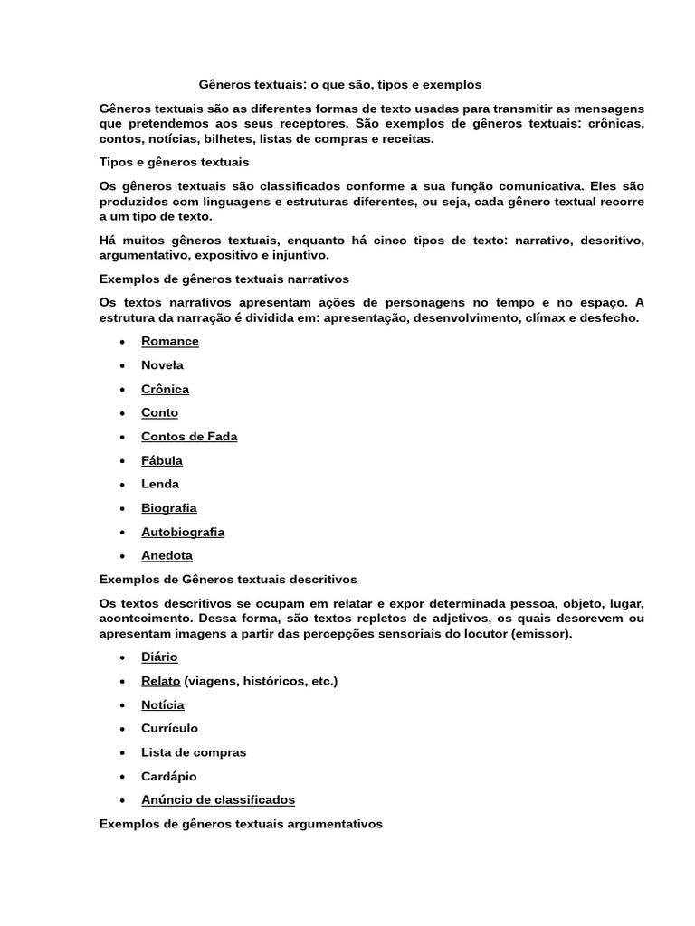 Gêneros Textuais: Tipos e Exemplos | PDF | Contos