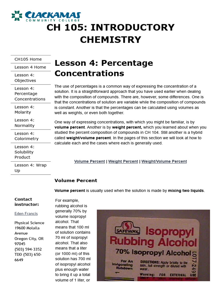 CH105 - Lesson 4 Percentage Concentrations | PDF | Mass Concentration (Chemistry) | Salt