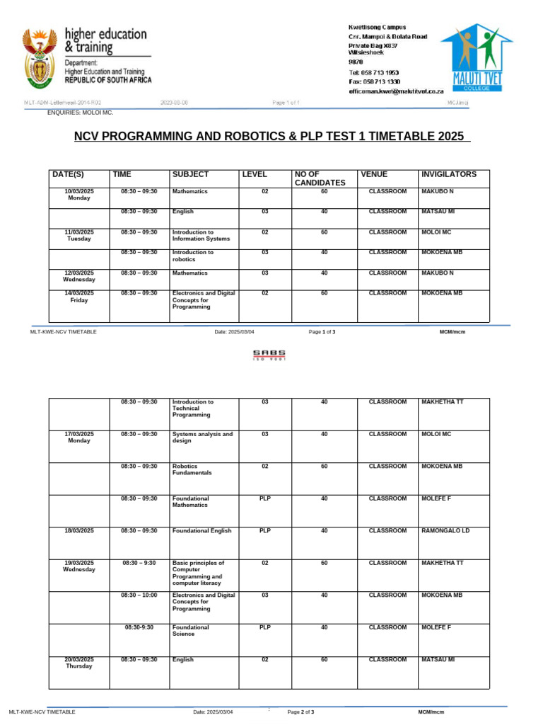 NCV & PLP Test Timetable 2025 | PDF