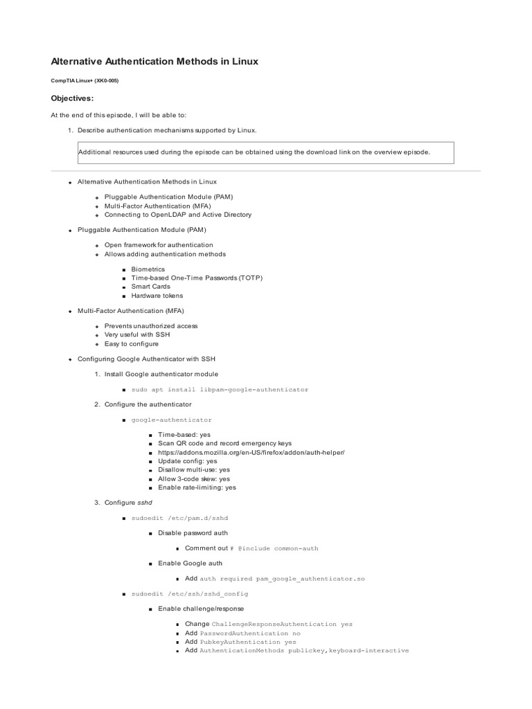 Comptia Linuxxk0005 11 6 1 Alternative Authentication Methods in Linux | PDF | Secure Shell | Sudo