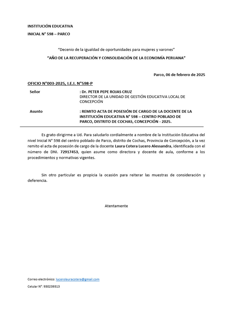 Oficio 003 - Posesión de Cargo | PDF