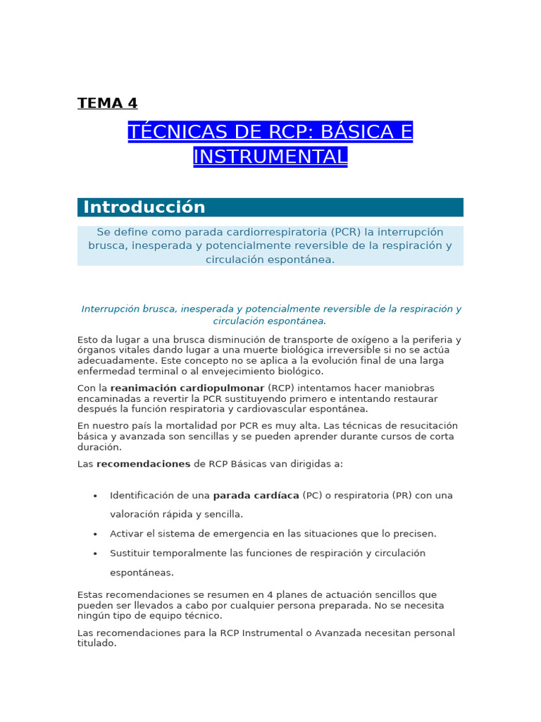 Tecnicas RCP Basica Instrumental | PDF | Reanimación cardiopulmonar | Paro cardíaco