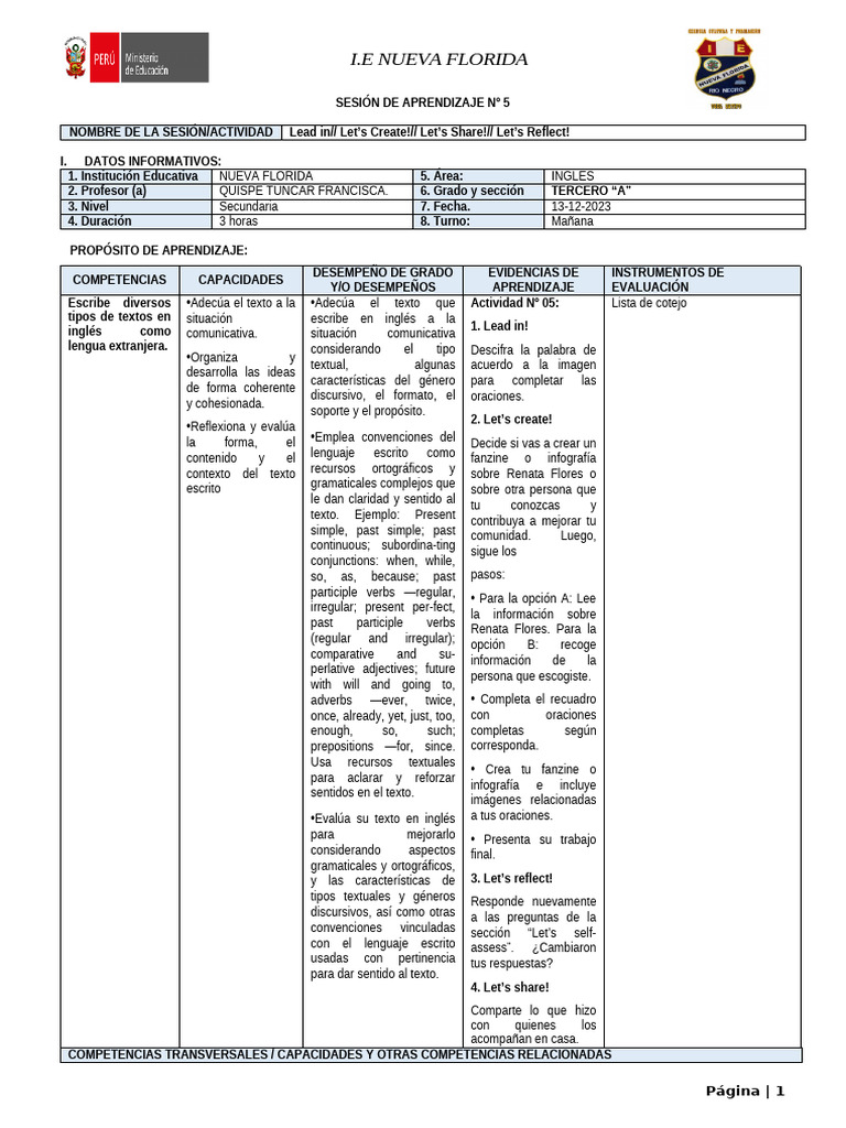 Sesión Ingles 3°-Actv 05 | PDF | Maestros | Aprendizaje