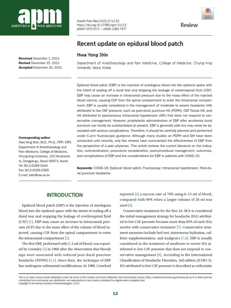 Recent Update On Epidural Blood Patch | PDF | Cerebrospinal Fluid ...