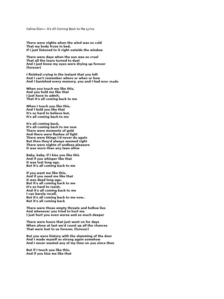 Celine Dion "It's All Coming Back" Lyrics | PDF
