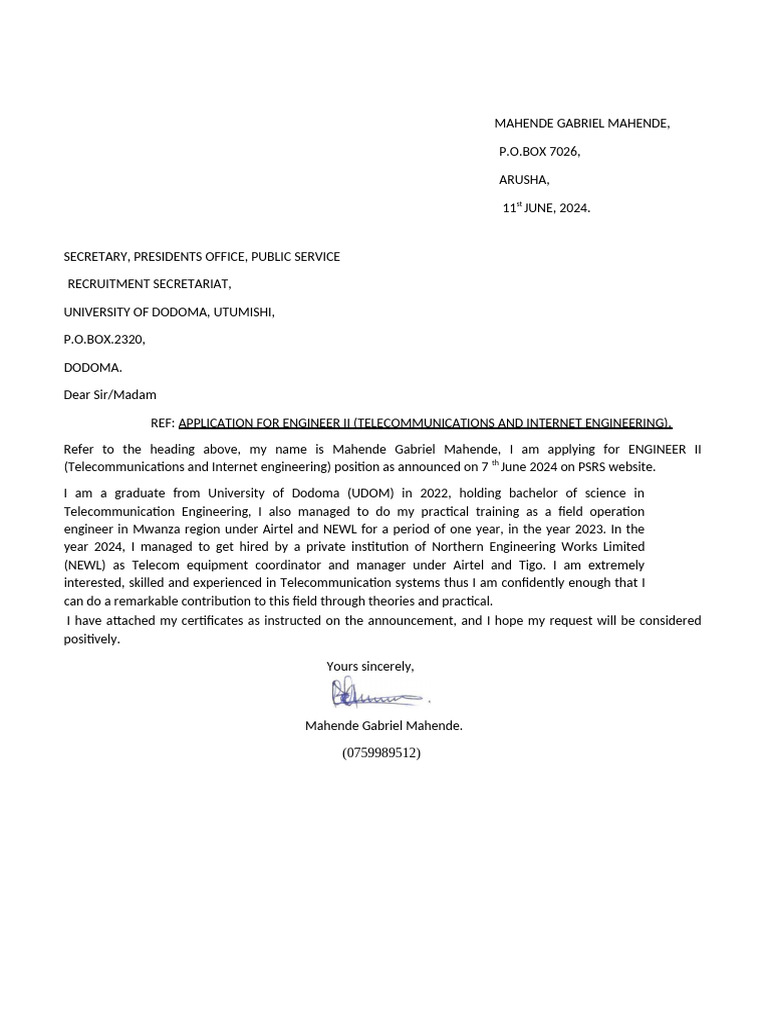 MAHENDE GABRIEL APPLICATION LETTER FOR ENGINER II | PDF