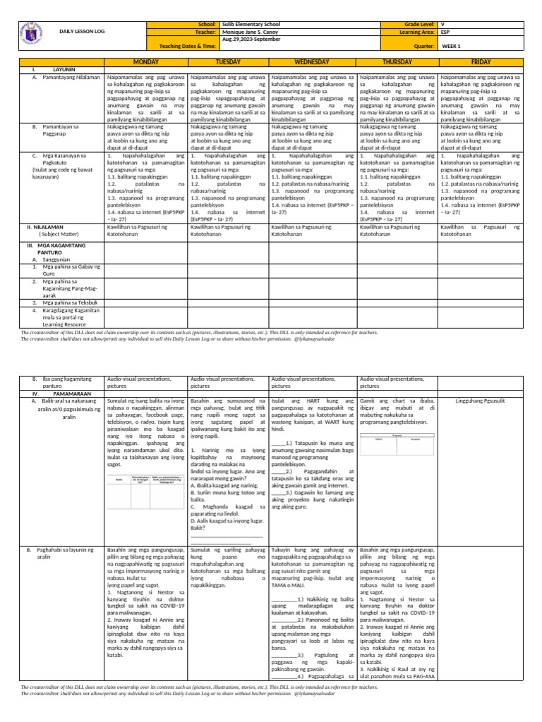 DLL_ESP-5_Q1-WEEK-1-7 | PDF