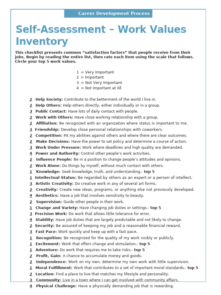Self-Assessment - Work Values Inventory CEE 158 (Zip 10) | PDF | Knowledge | Creativity