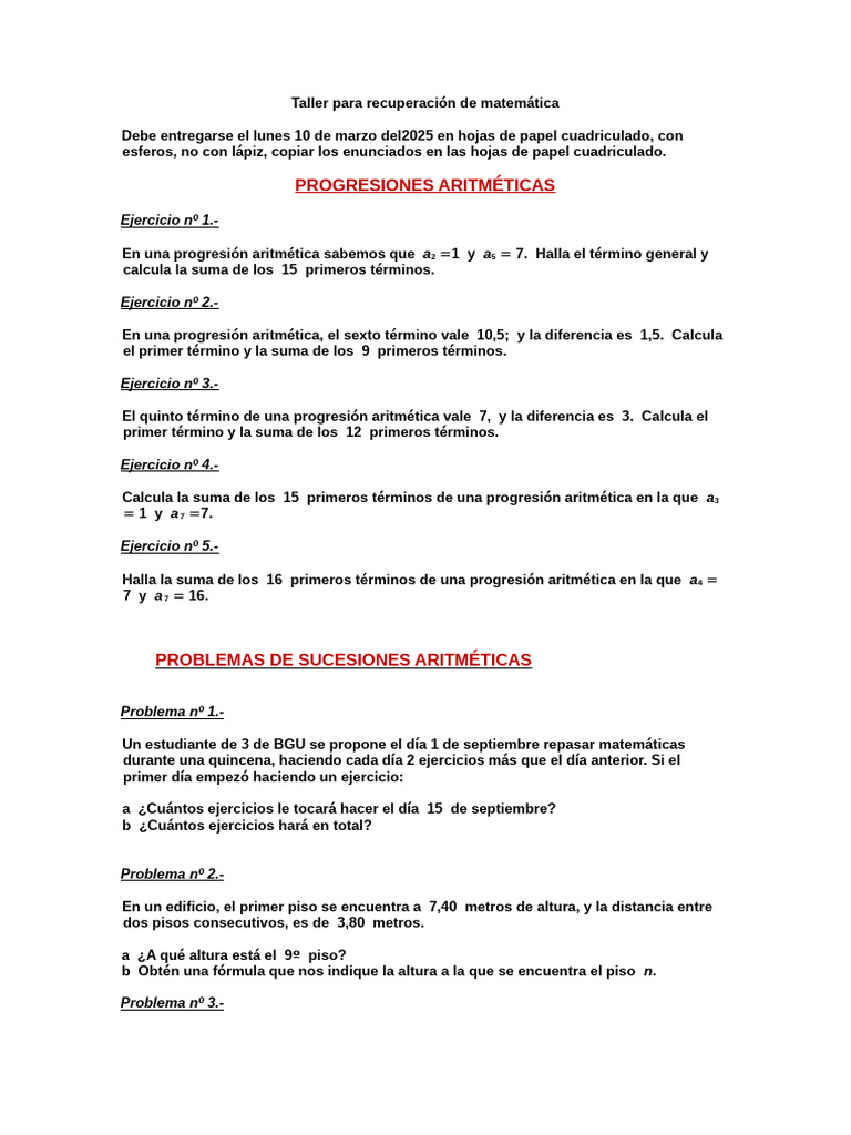 PROGRESIONES ARITMÉTICAS RECUPERACION | PDF | Matemáticas