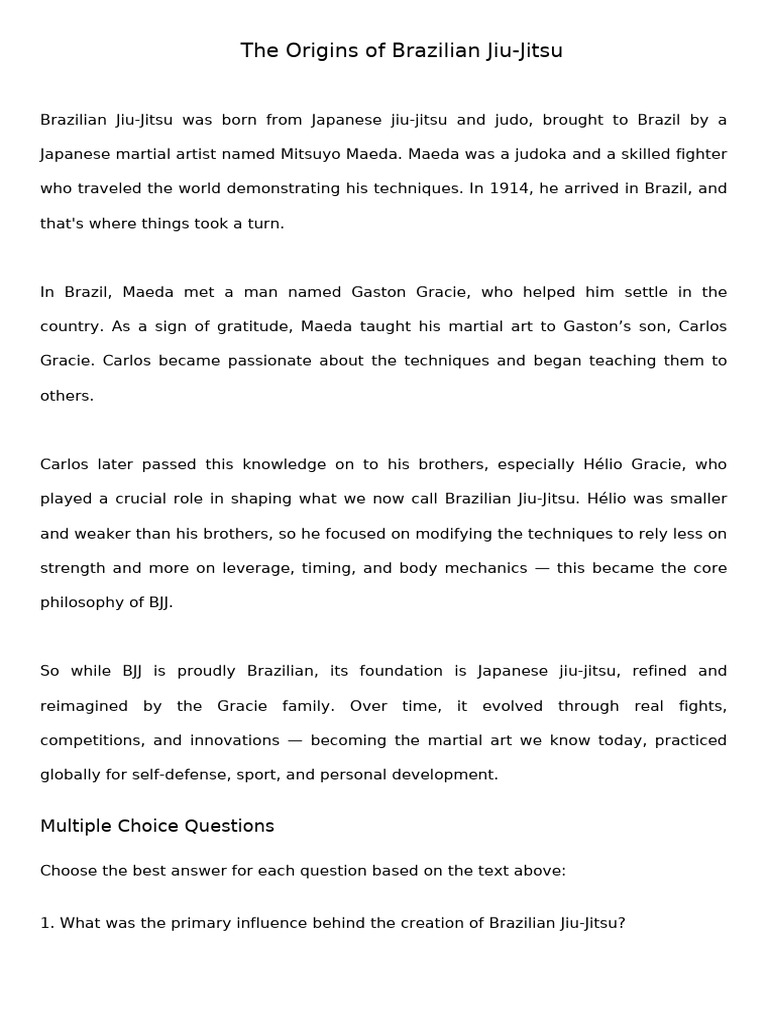 BJJ Origins Text and MCQ | PDF | Brazilian Jiu Jitsu | Individual Sports