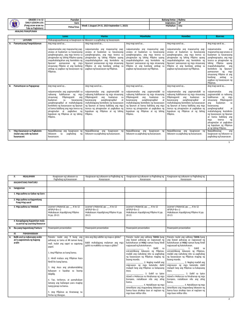 GRADE 5 AP DLL 1st Quarter Week 1 4 | PDF