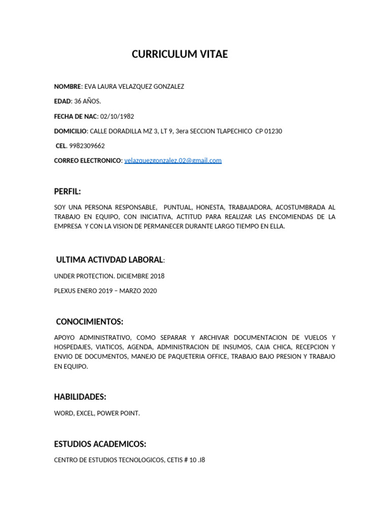 Currículum Vitae de Eva Laura Velázquez | PDF