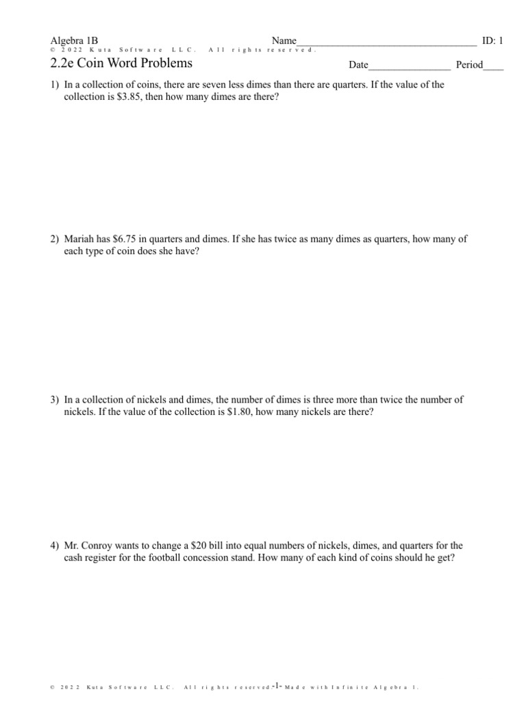 2.2e Coin Word Problems WS | PDF | Nickel (United States Coin) | Cent ...