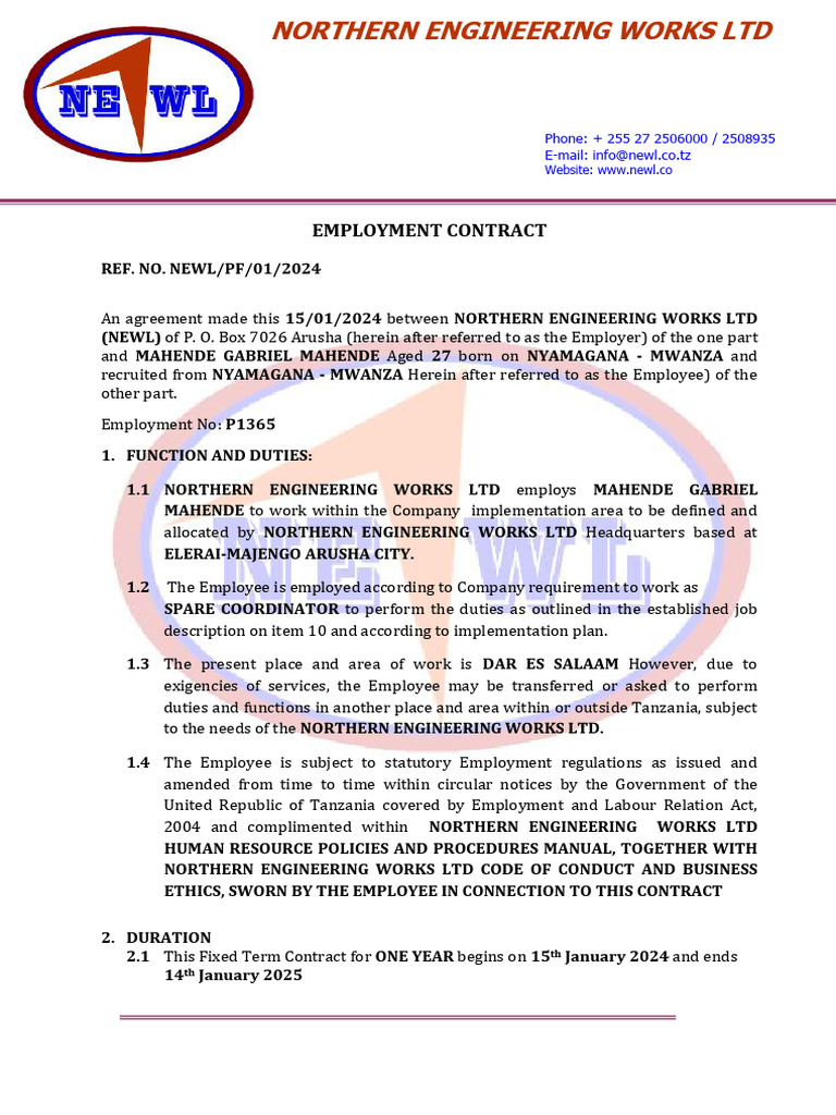 Employment Contract - Gabriel Mahende | PDF | Employment | Private Law