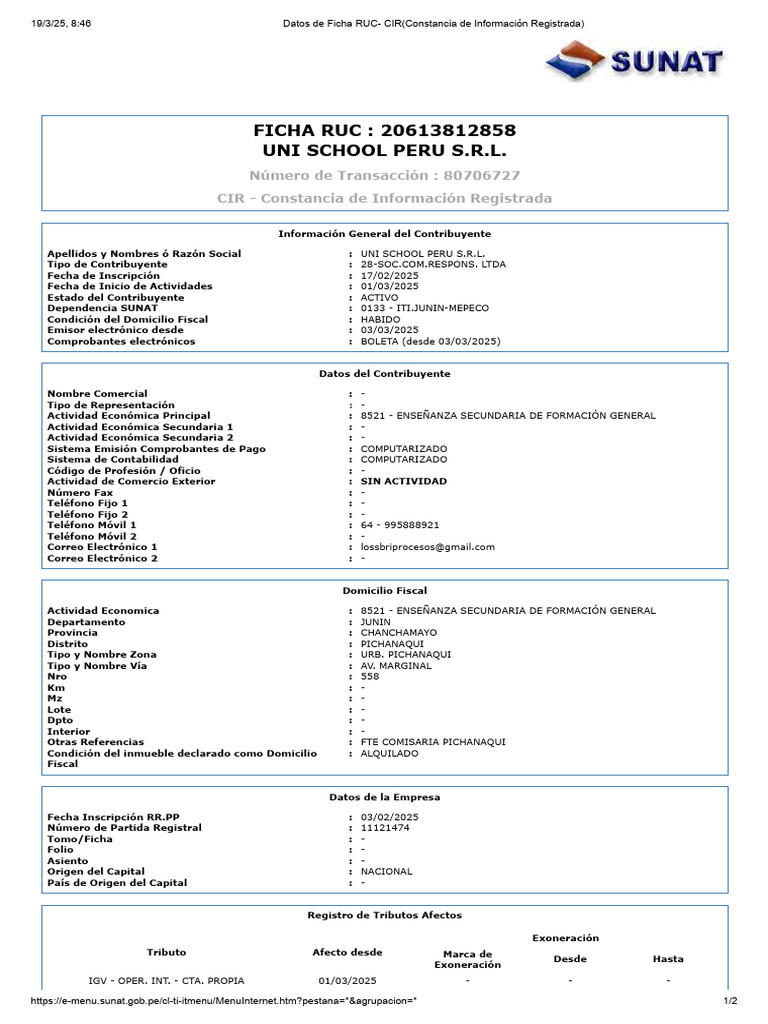 Ficha RUC UNI School Perú S.R.L. | PDF