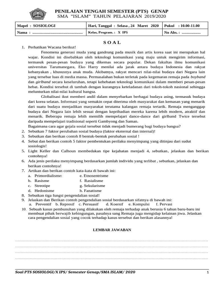 KOP SOAL PTS SOSIOLOGI KELAS X IPS | PDF