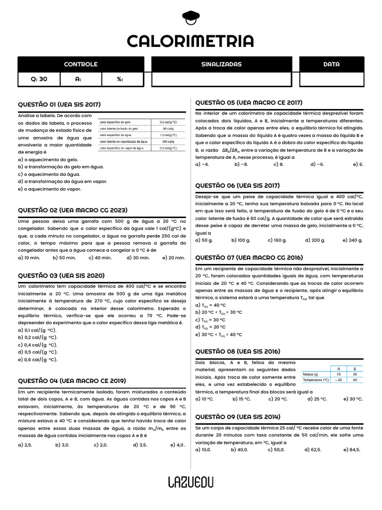 Lista de Exercicios Calorimetria PSC SIS e ENEM | PDF | Calor | Calorimetria
