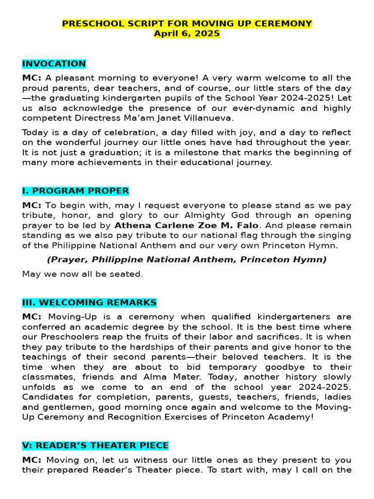 Preschool Moving Up Ceremony Script | PDF | Preschool
