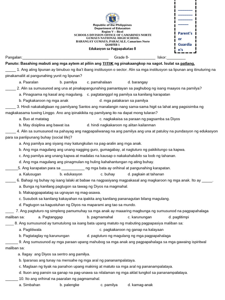 1st Grading Exam Esp2017 | PDF