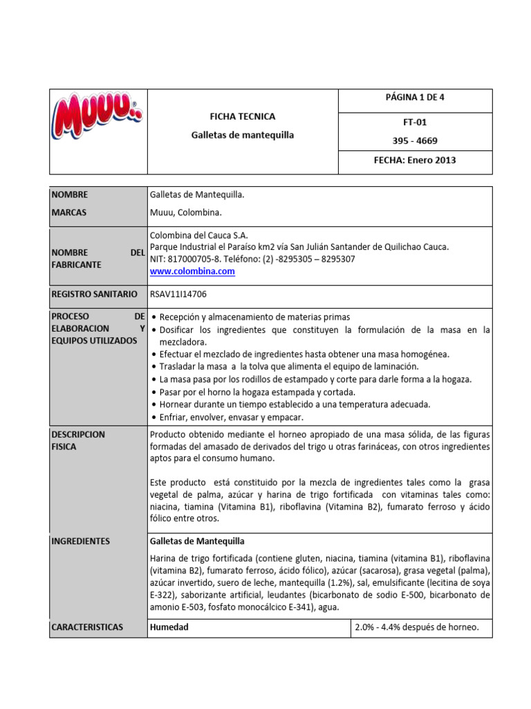 Galletas Muu de Mantequilla: Ficha Técnica | PDF | Galleta | Trigo
