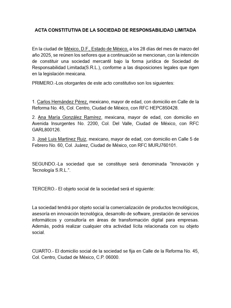 Acta Constitutiva de La Sociedad de Responsabilidad Limitada | PDF | México | Sociedad de ...