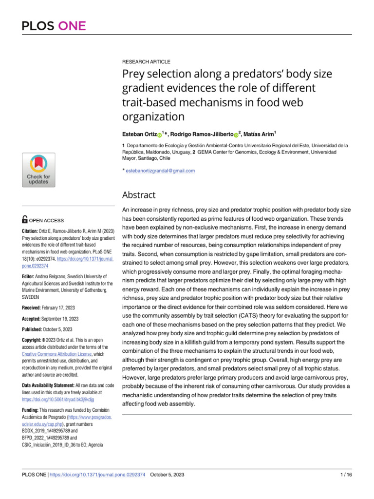 Prey Selection Along A Predators' Body Size Gradient Evidences The Role ...