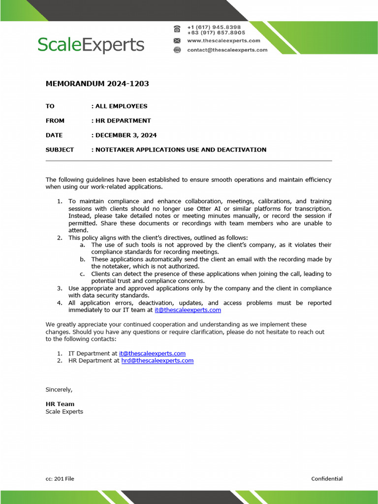 MEMO - Note Taker Applications Use and Deactivation (12!03!2024) | PDF