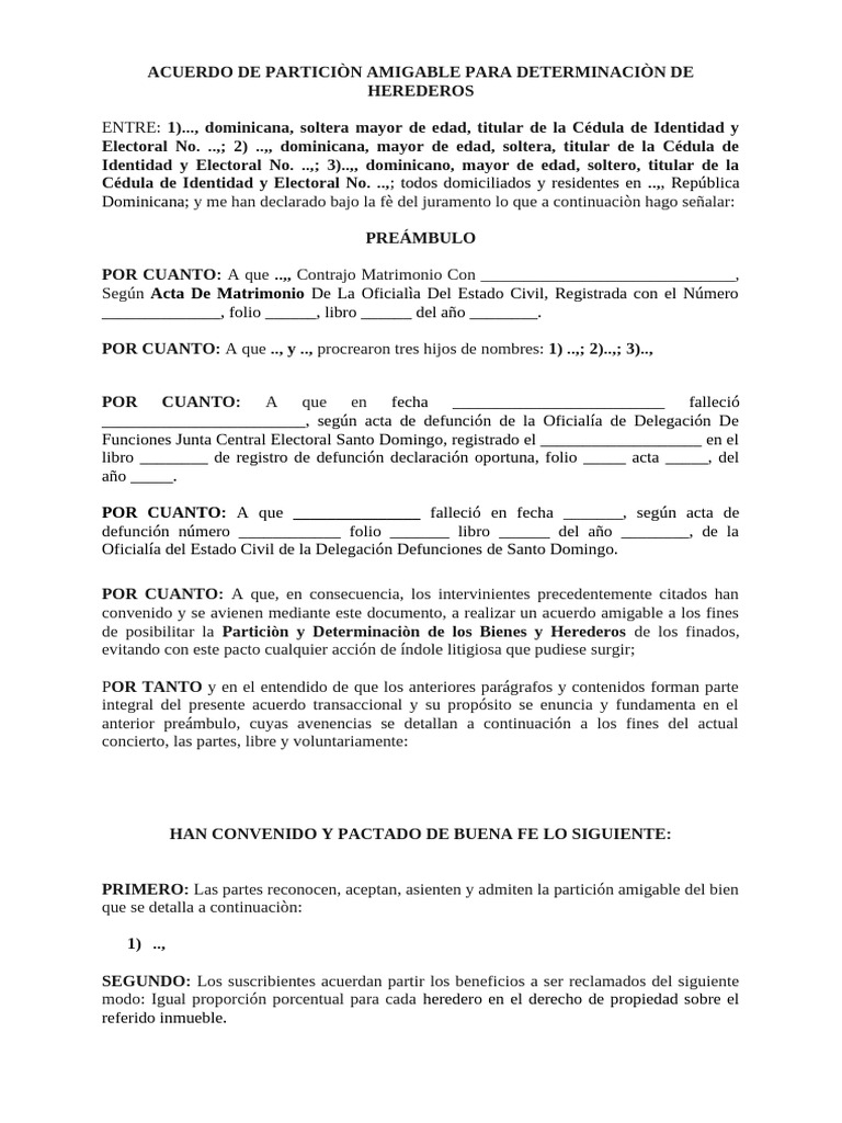 Acuerdo de Partición Amigable de Herencia | PDF | Justicia | Crimen y ...