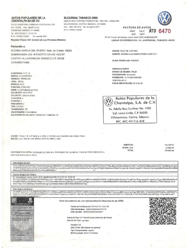 factura de origen aurelio volswagen jetta | PDF