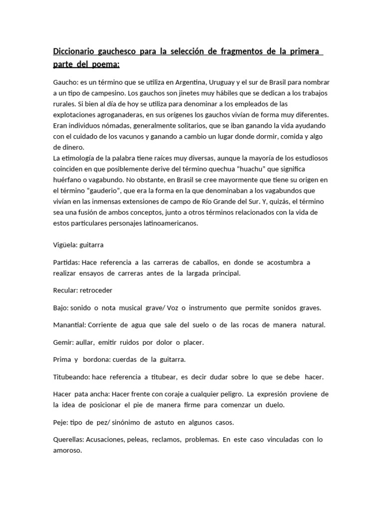 Diccionario Gauchesco para La Selección de Fragmentos de La Primera ...